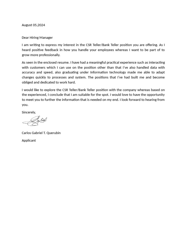 Cover Letter Metrobank | PDF