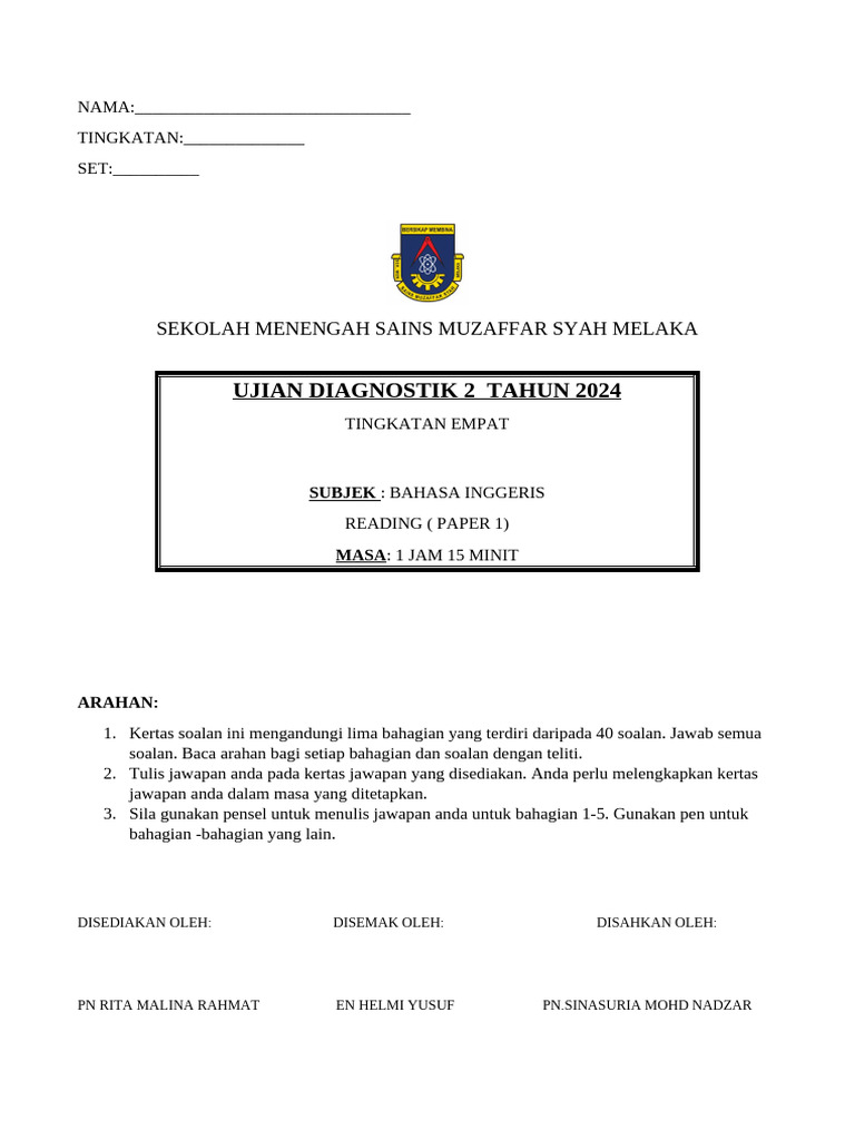 Cover Ujian DIAGNOSTIK 2 2024 | PDF