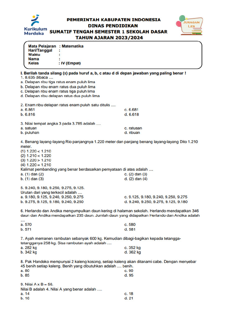 Soal PTS - STS Matematika Kelas 4 Semester 1 Kurikulum Merdeka T.A 2023-2024 | PDF