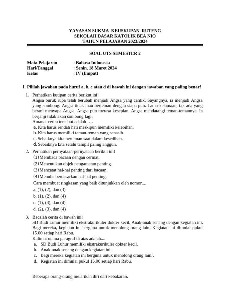 Soal Bindo Edit Uts KLS 4 | PDF