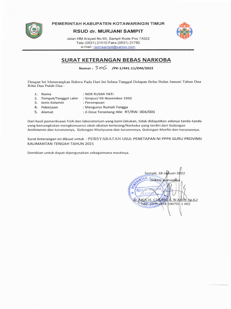 Surat Keterangan Bebas Narkoba | PDF