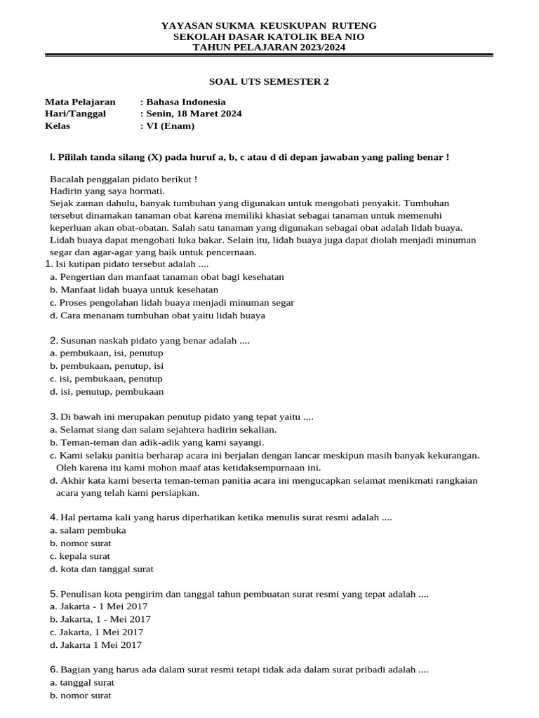 Soal Bindo Edit Uts KLS 6 | PDF