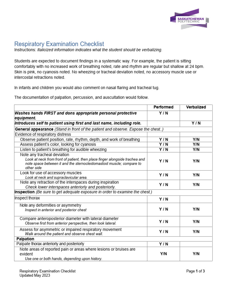 Respiratory Examination Checklist | PDF