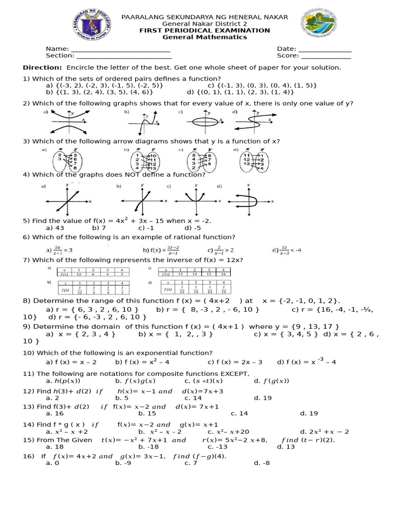 G11 - GEN. MATH 1ST Quarterly Exam - 2024-2025 | PDF