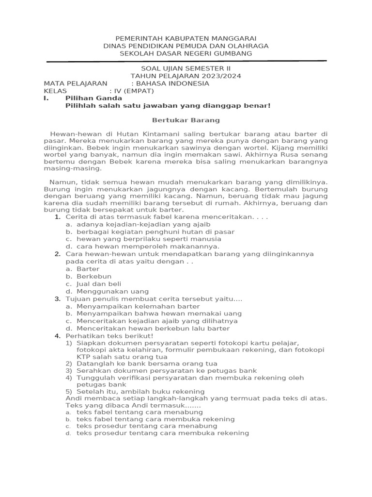 Soal Bindo Kelas 4 Edit | PDF