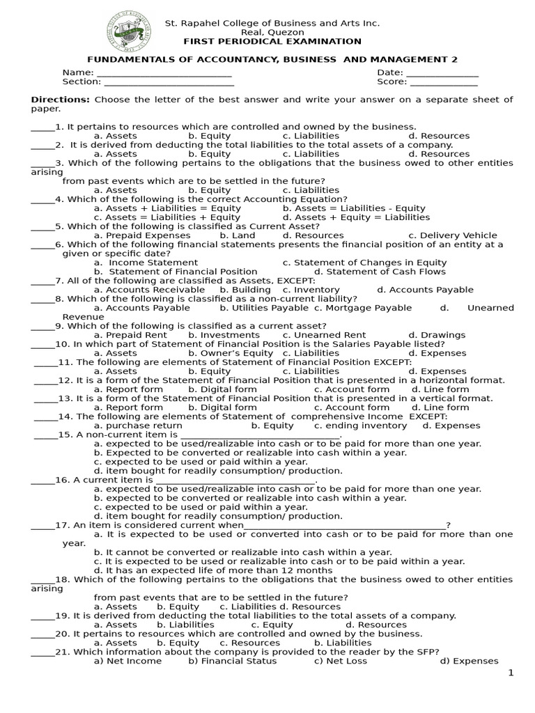 1ST Quarterly Exam in Fabm 2 - 2024 | PDF