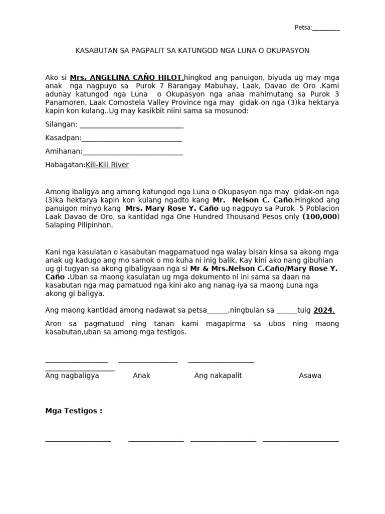 Kasabutan Sa Pagpalit Sa Katungod Nga Luna o Okupasyon | PDF