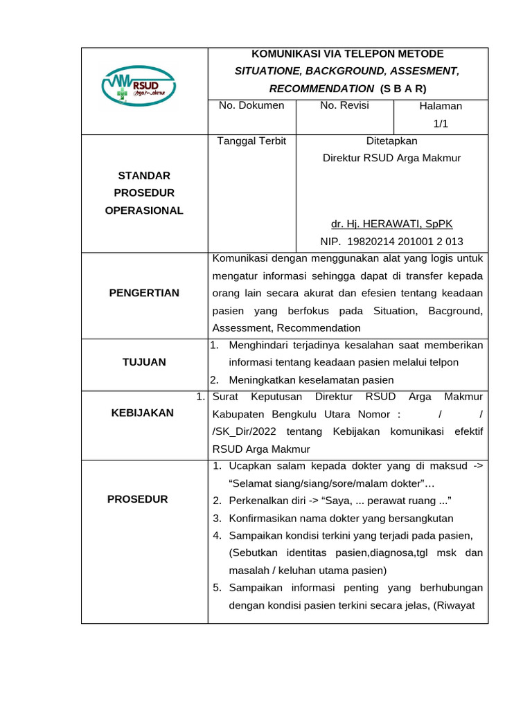 Spo Komunikasi Via Telepon Metode Sbar | PDF