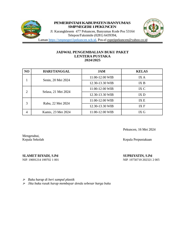 Jadwal Pengembalian Buku Kelas IX 2024 - 2025 | PDF