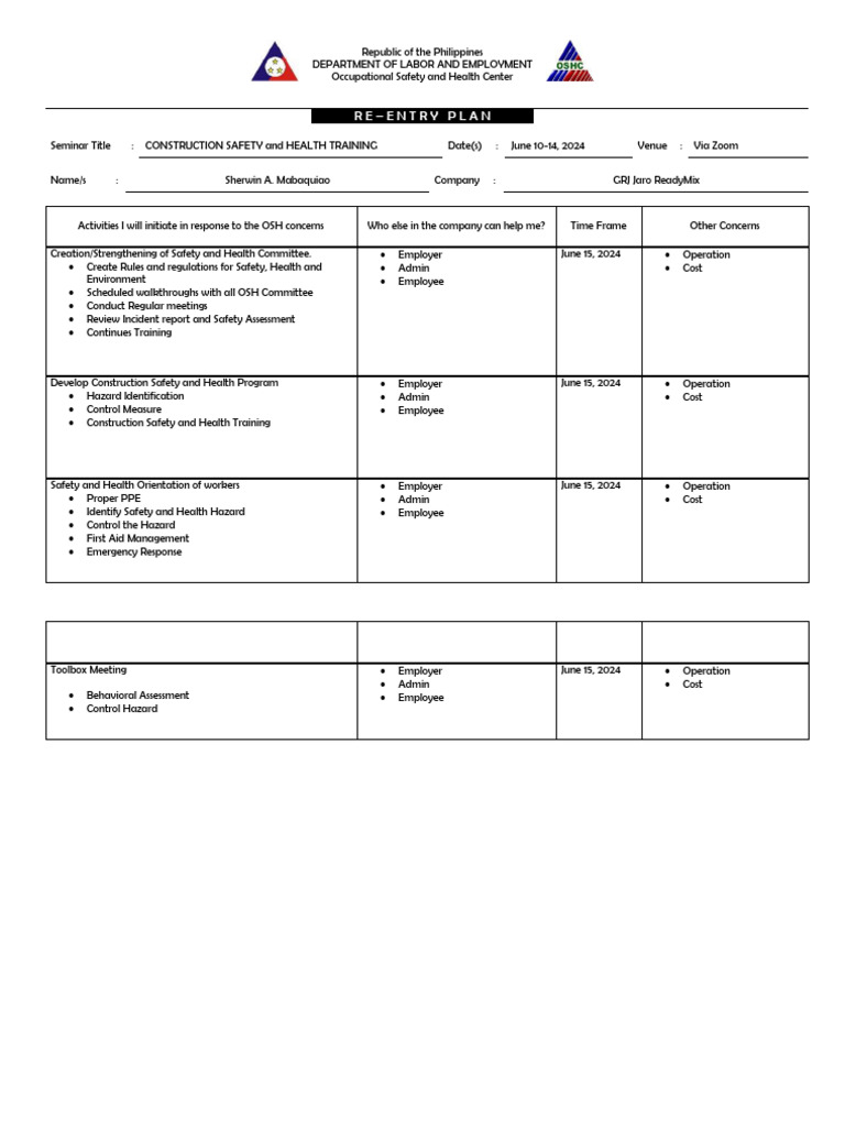 Re-Entry Plan Construction | PDF
