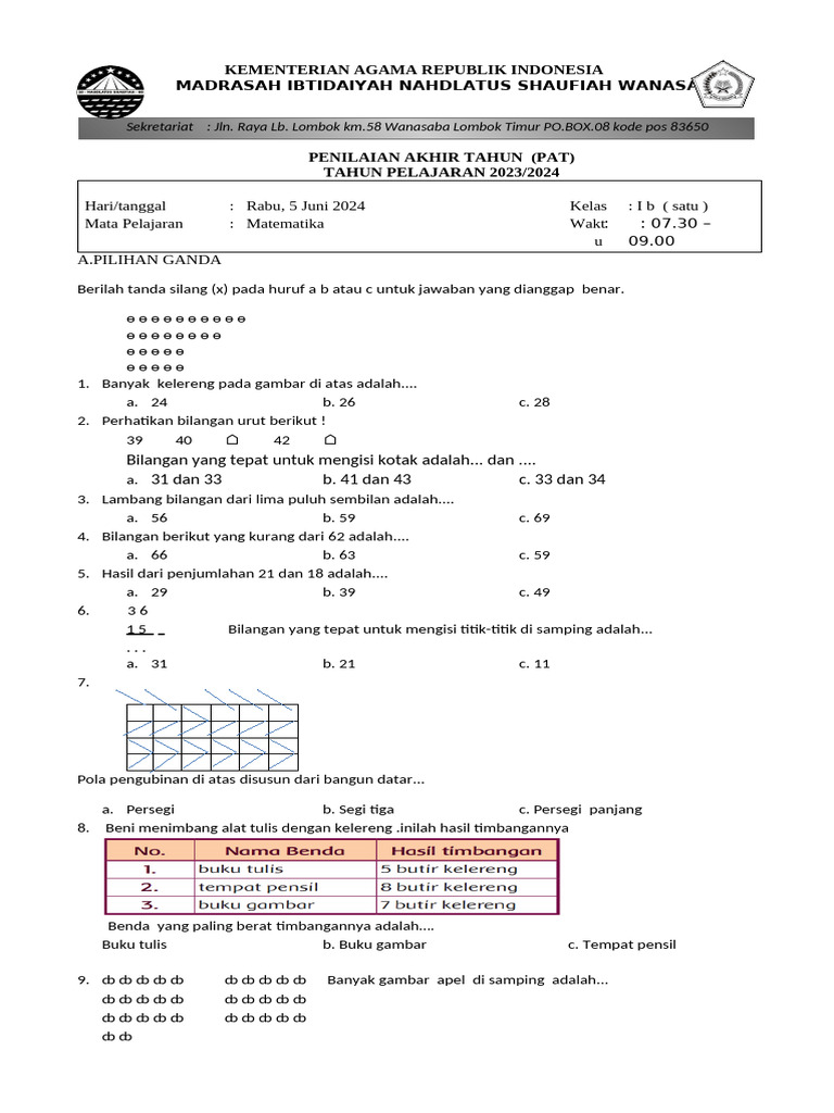 Soal Matika Kls. 1 B | PDF