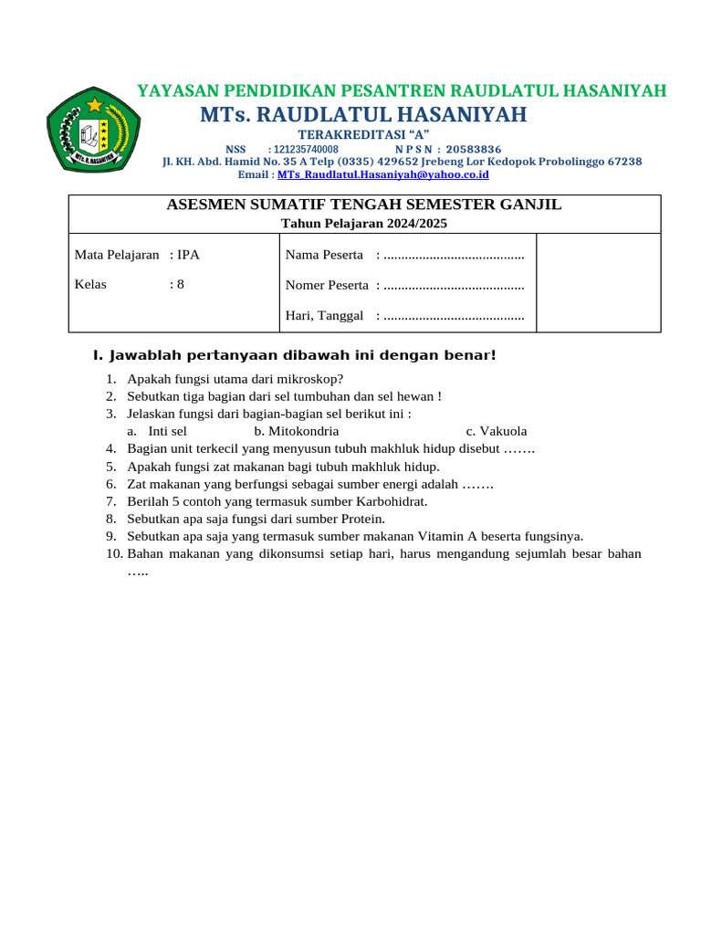 Soal Asts Ipa Ganjil 2024-2025 | PDF