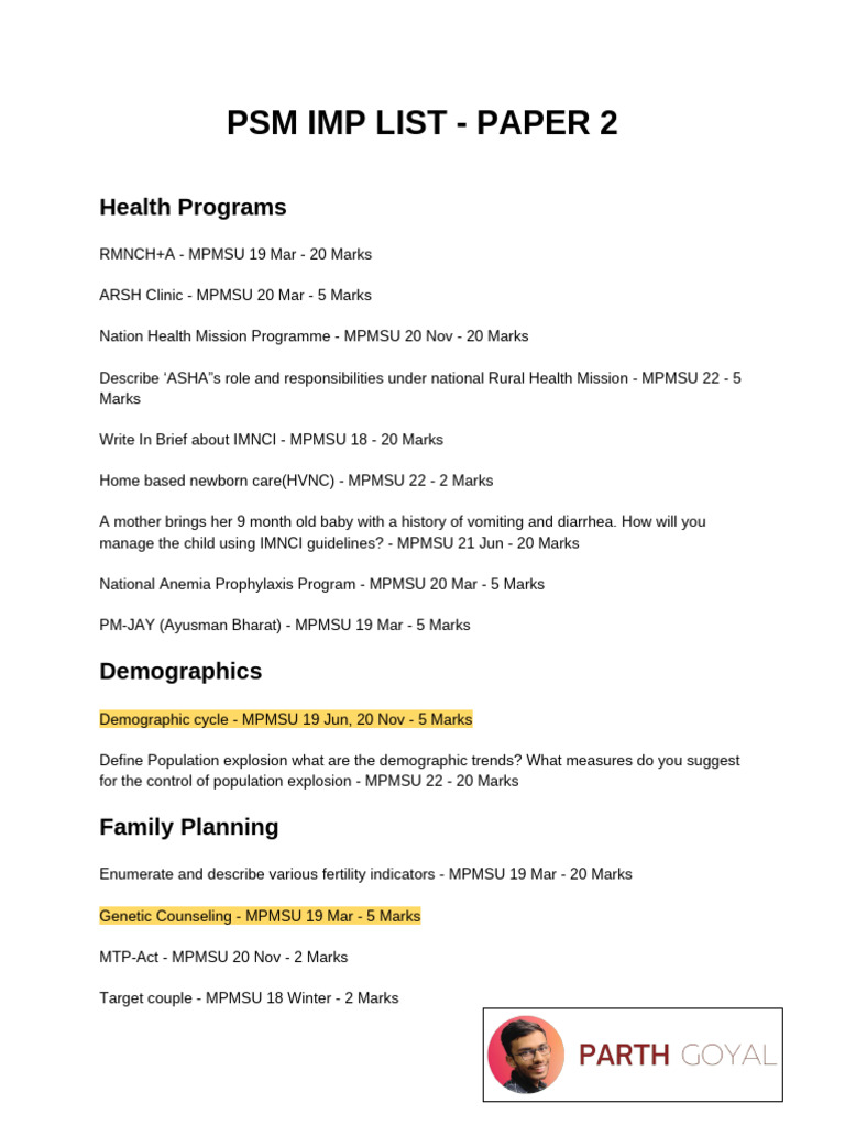 PSM IMP LIST - Paper 2 | PDF