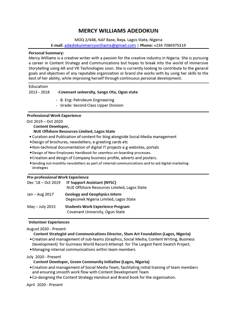 Mercy Williams Adedokun CV! | PDF