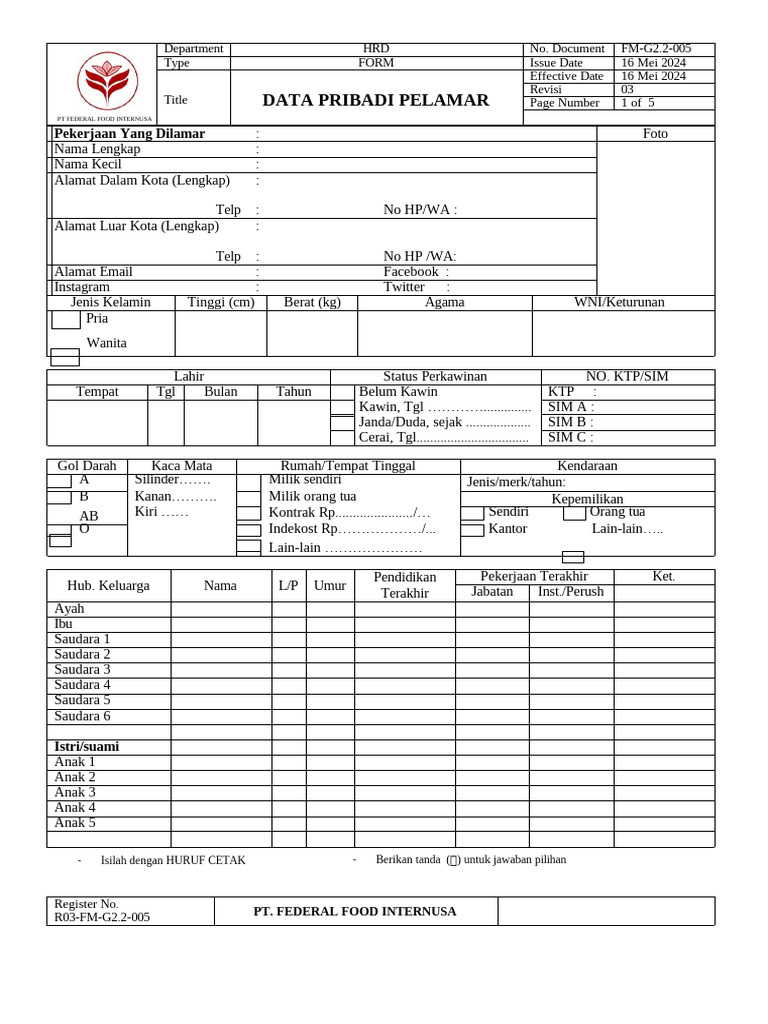 Form Data Diri Pelamar - FFI | PDF