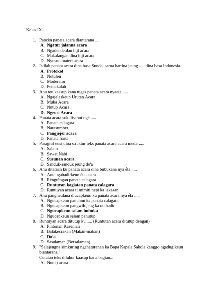 Latihan Soal B. Sunda Kelas 9 | PDF