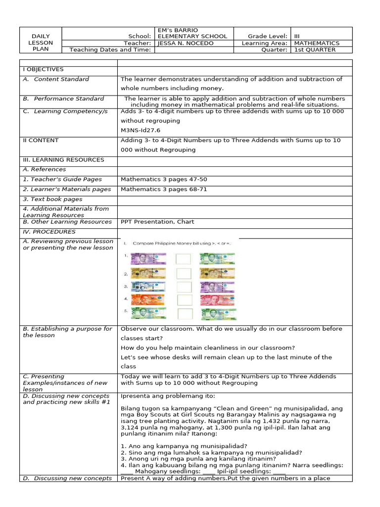 Classroom Observation Quarter 1 Math 3 | PDF | Classroom | Learning