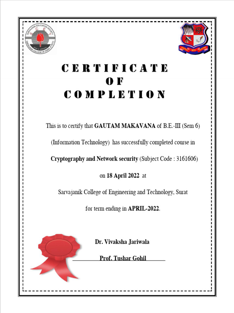 Cryptography and Network Security-CNS Completion Certificate 51 | PDF