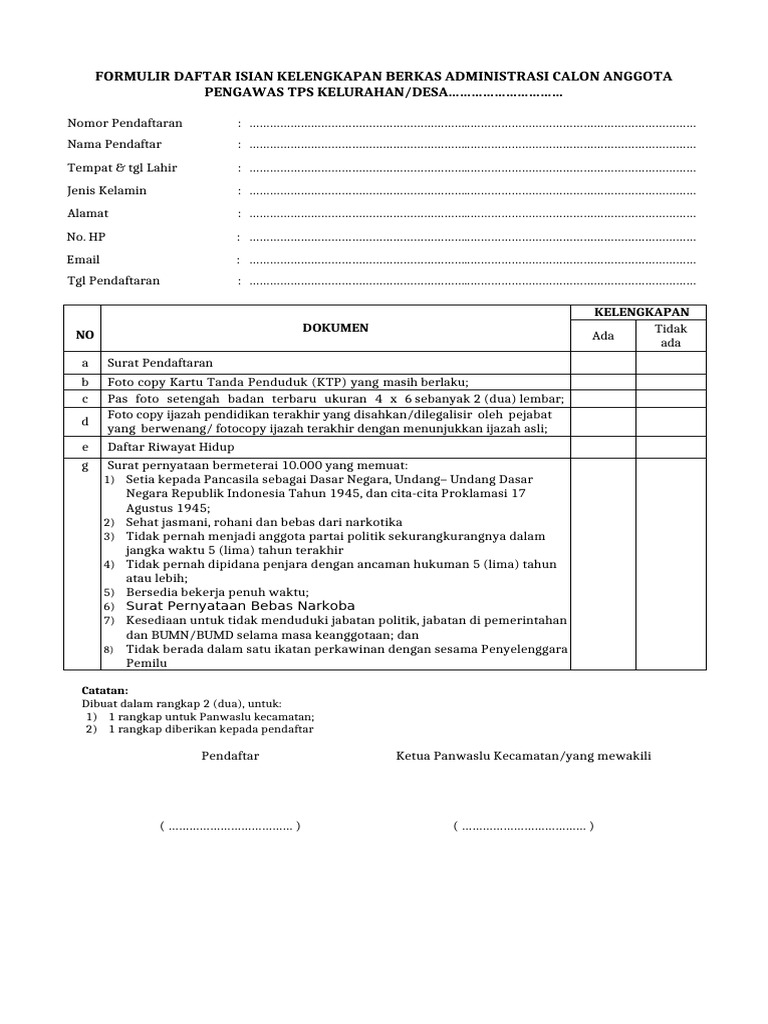Form Checklist Pendaftaran Ptps Pilkada 2024 Fix | PDF