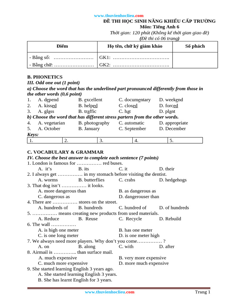 De Thi HSG Tieng Anh 6 de 1 | PDF