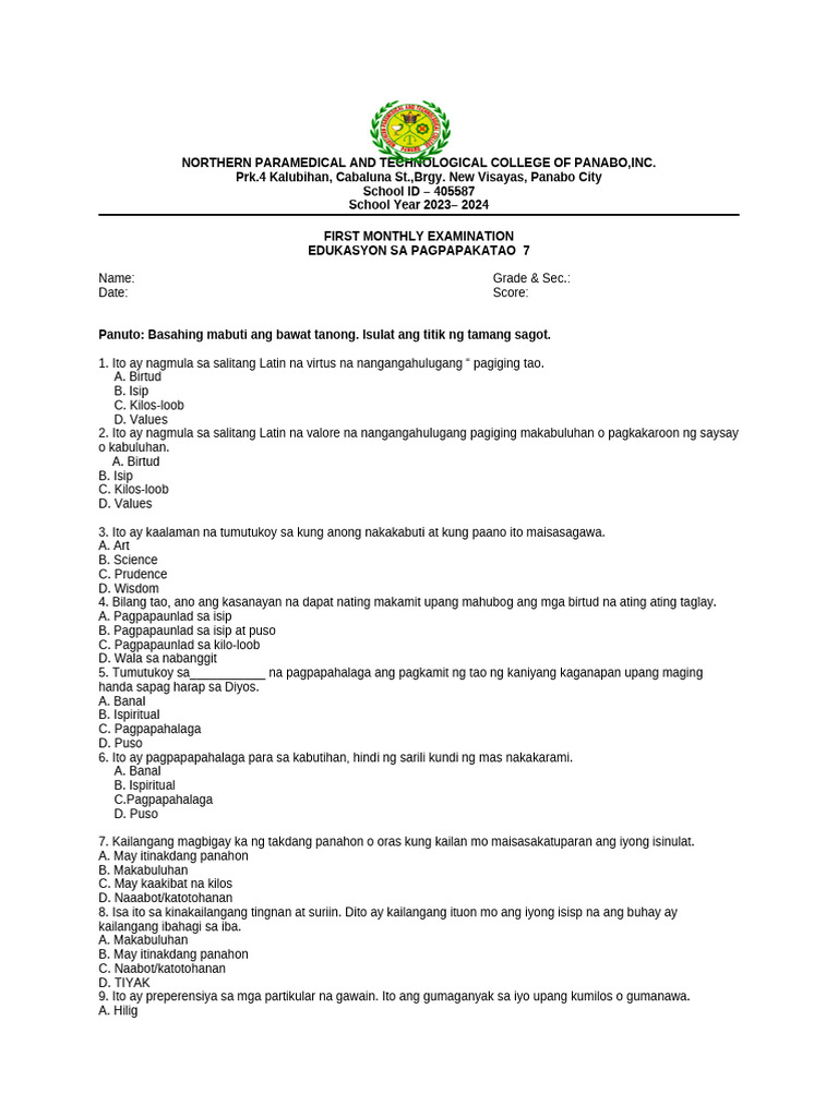 EDUKASYON SA PAGPAPAKATAO - Grade 7-MONTHLY EXAMINATION (August) | PDF ...