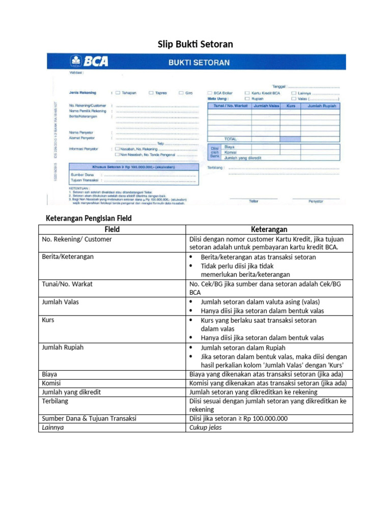 Slip Bukti Setoran: Keterangan Pengisian Field Field Keterangan | PDF