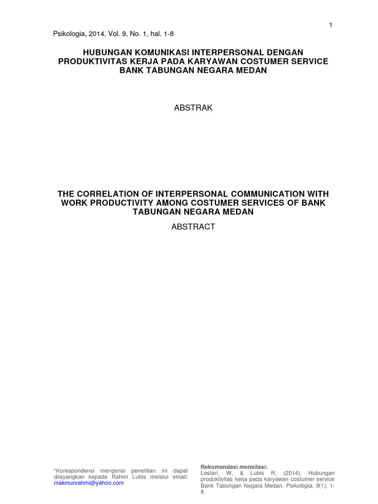 Hubungan Komunikasi Interpersonal Dengan Produktivitas Kerja Pada Karyawan Costumer Service Bank ...
