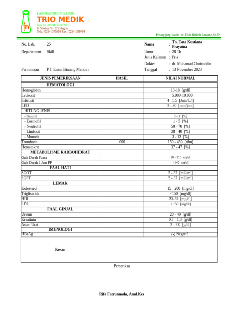 Lab Darah Enam Bintang Mandiri 2023 | PDF