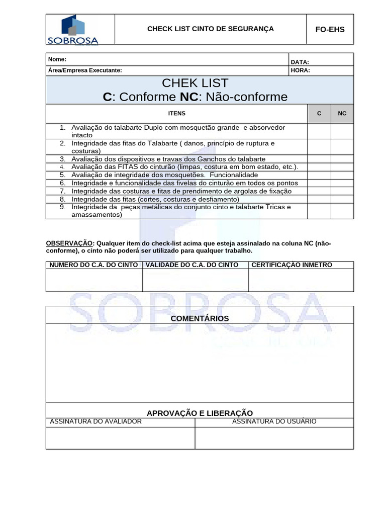 Check List Cinto de Segurança | PDF