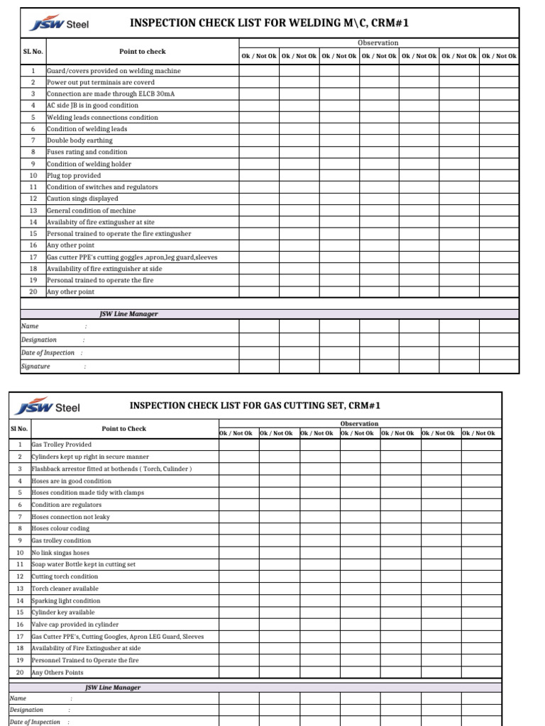 Welding and Safety Equipment Inspection Checklist | PDF | Grinding ...