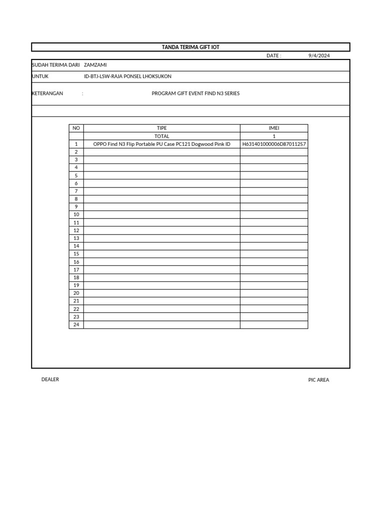 Tanda Terima Gift Raja Ponsel Lhokseukon | PDF