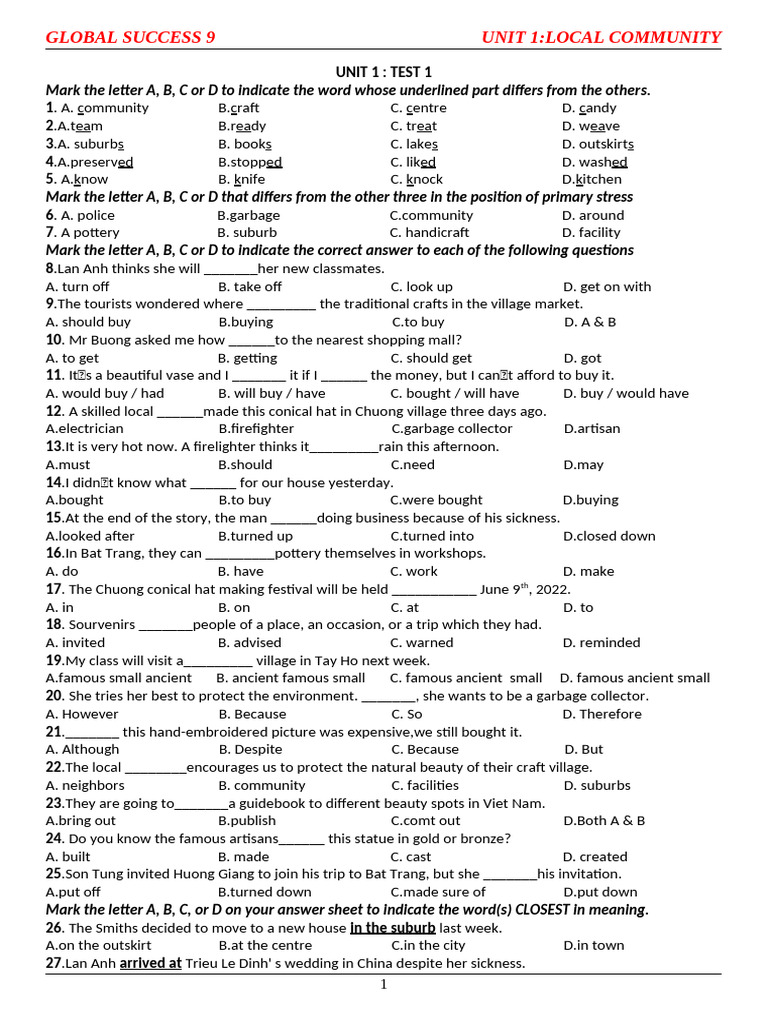 Bài Tập Bổ Trợ Global Success 9 Unit 1 (Practice Test) | PDF