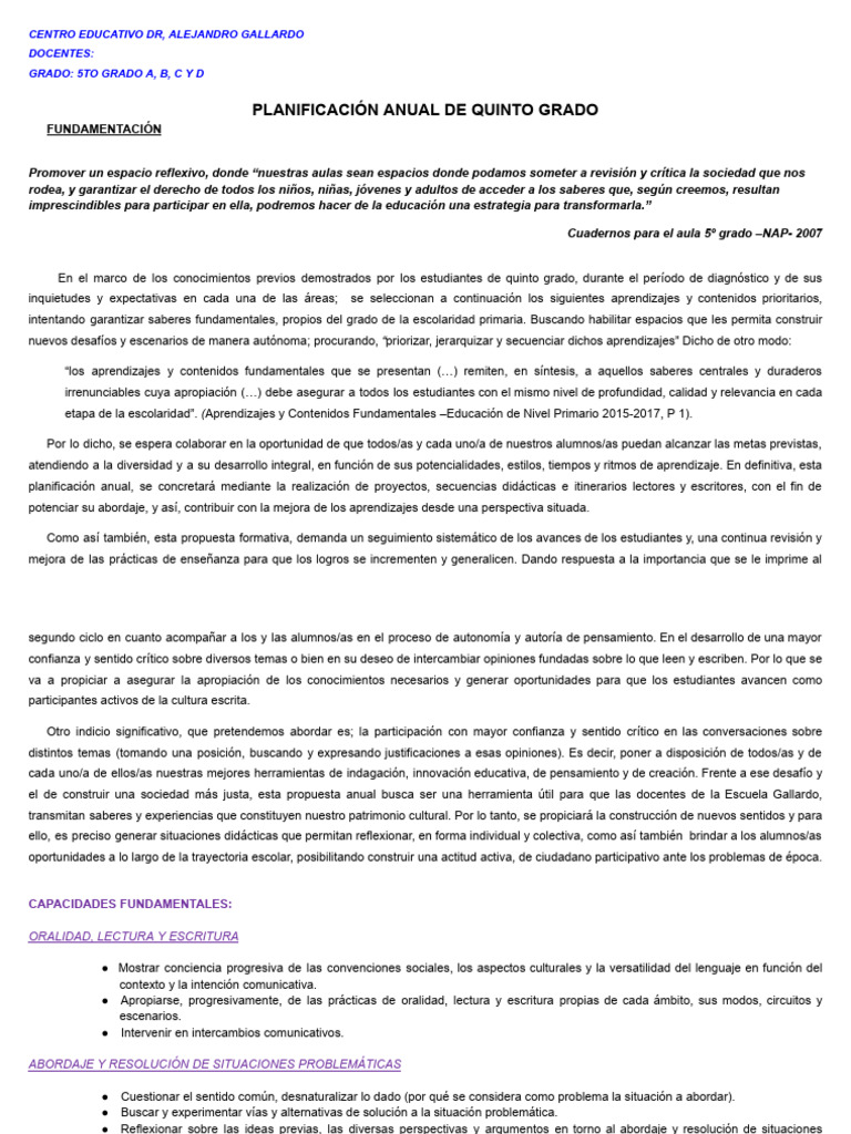 Planificación Anual 5to Grado Primaria | PDF | División (Matemáticas ...