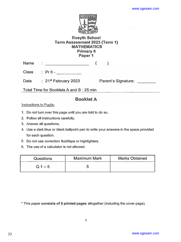 2023-P6-Maths-Weighted Assessment 1-Rosyth | PDF