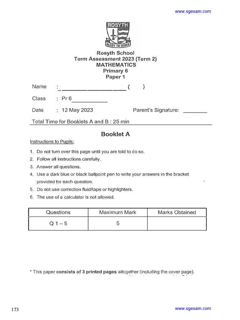 2023-P6-Maths-Weighted Assessment 2-Rosyth | PDF