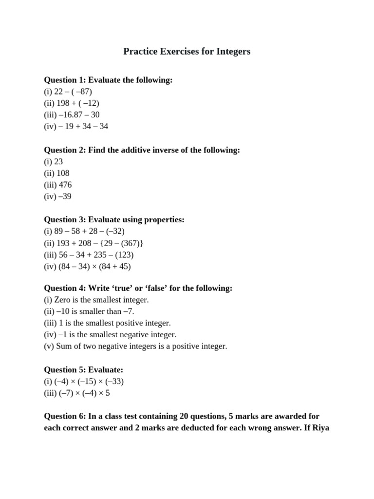 Practice Exercises For Integers | PDF