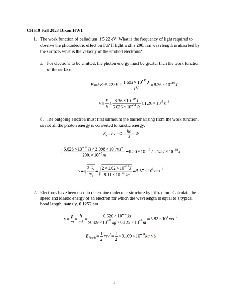 CH519 Fall 2023 Dixon HW1 With Answers | PDF