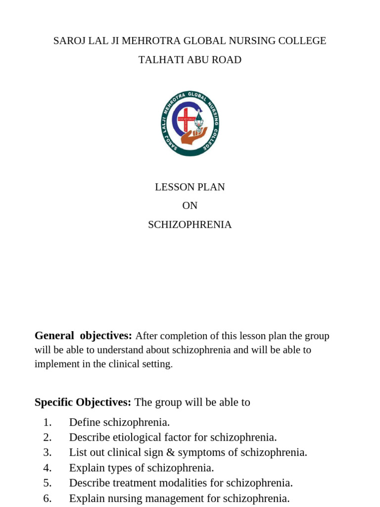 Lesson Plan On Schizophrenia | PDF | Schizophrenia | Delusion