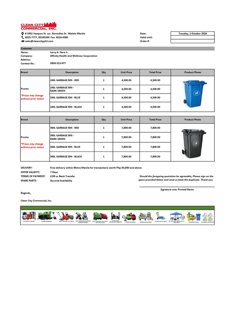PRONTO GARBAGE BINS Quotation - Affinity Health and Wellness Corporation 100124 | PDF