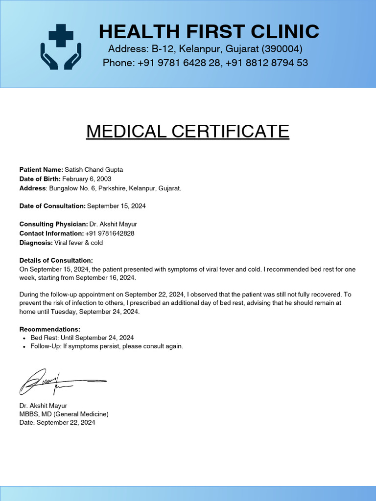 Medical Certificate - Satish | PDF