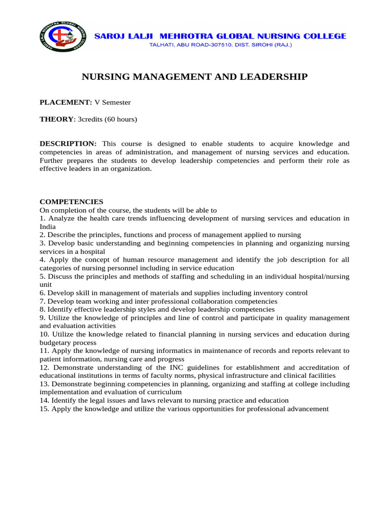 Nursing Management Course Plan | PDF | Nursing | Leadership