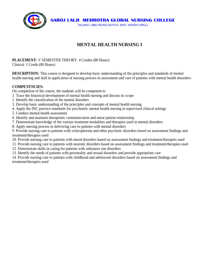Mental Health Nursing Course Overview | PDF | Mental Disorder ...