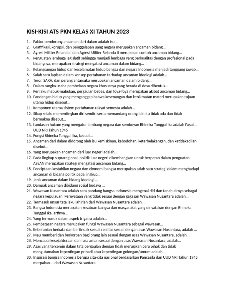 Kisi-Kisi Ats Kelas Xi | PDF