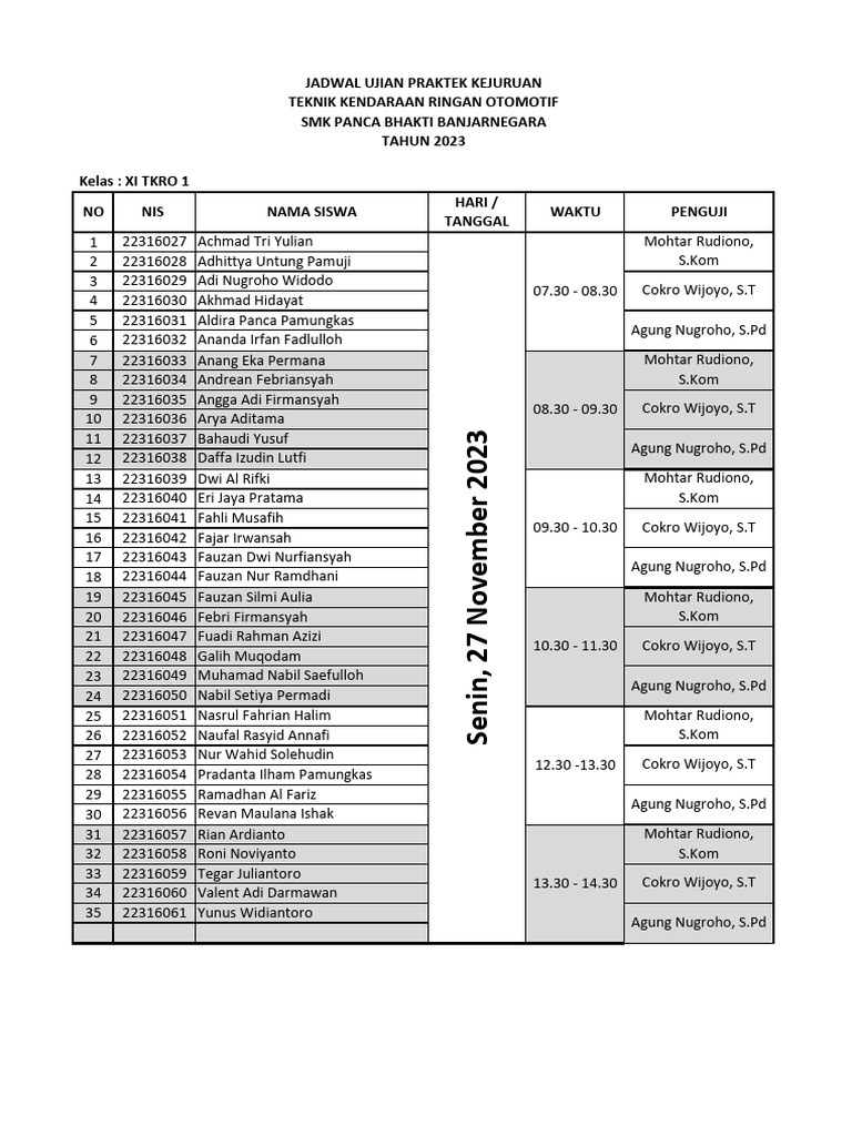 Jadwal Upk Xi Tkro | PDF