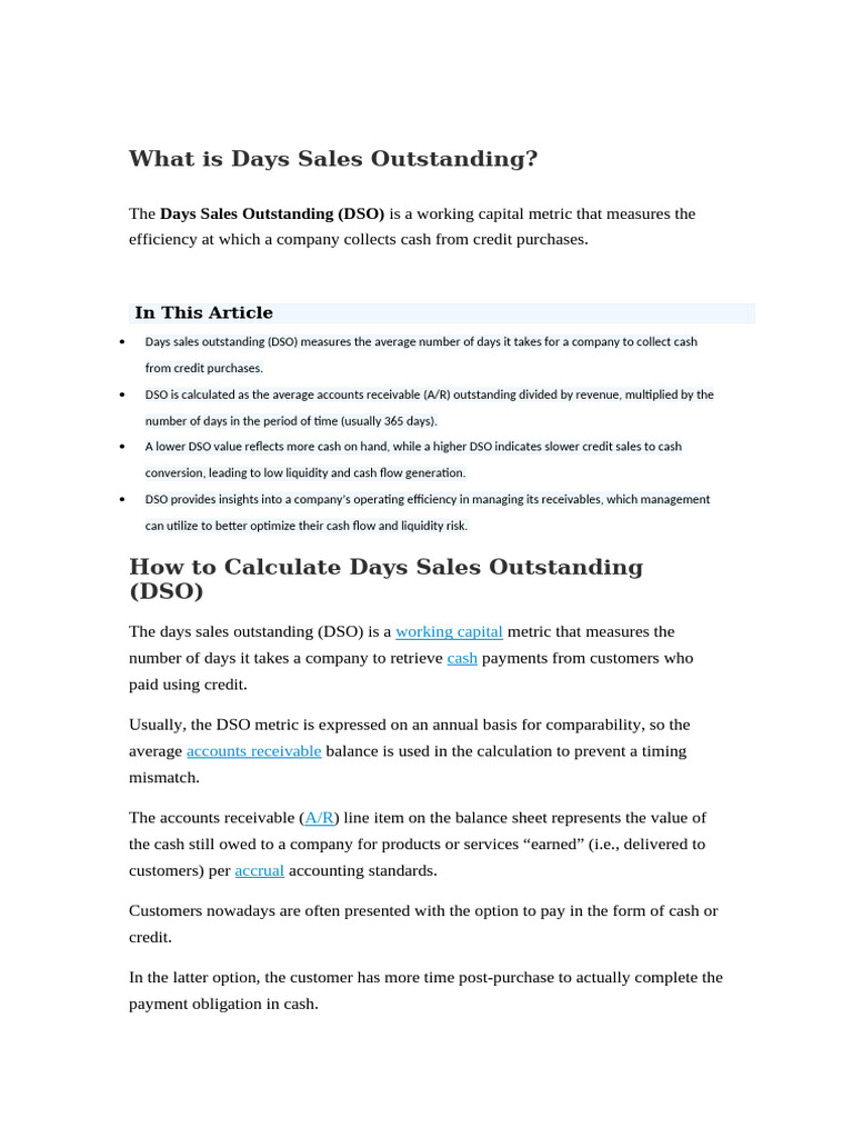 CREDIT COLLECTION What Is Days Sales Outstanding | PDF | Cash | Career ...