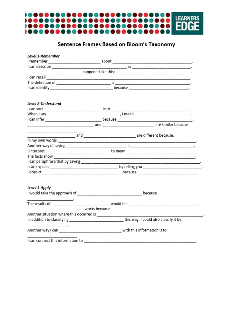 Sentence Frames Based On Bloom | PDF | Evidence | Academic Discipline ...