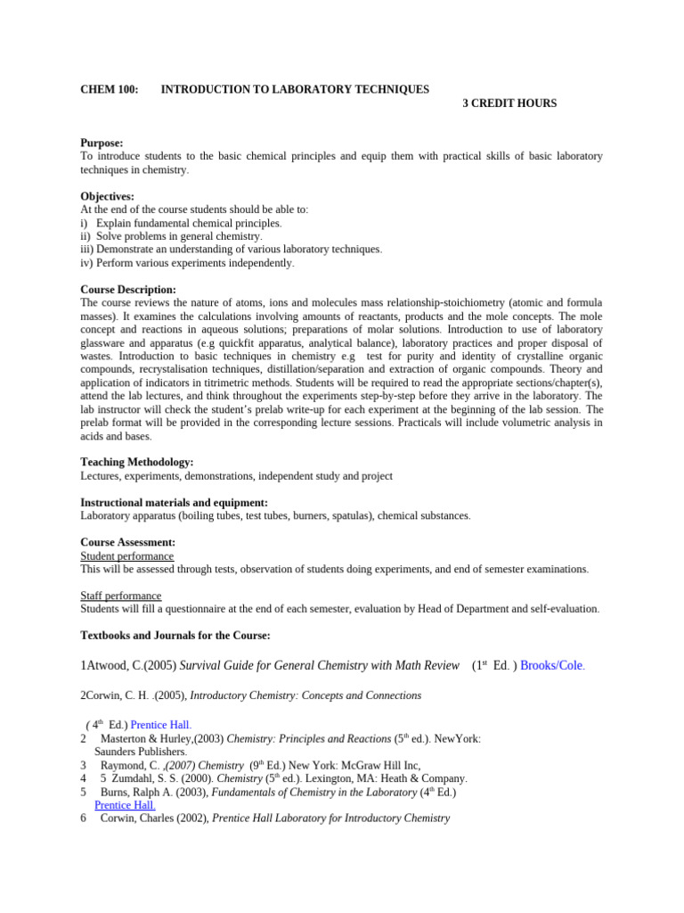 CHEM 100 Introduction To Laboratory Techniques (Course Syllabus) | PDF ...
