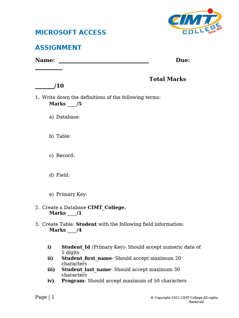 Microsoft Access Assignment | PDF