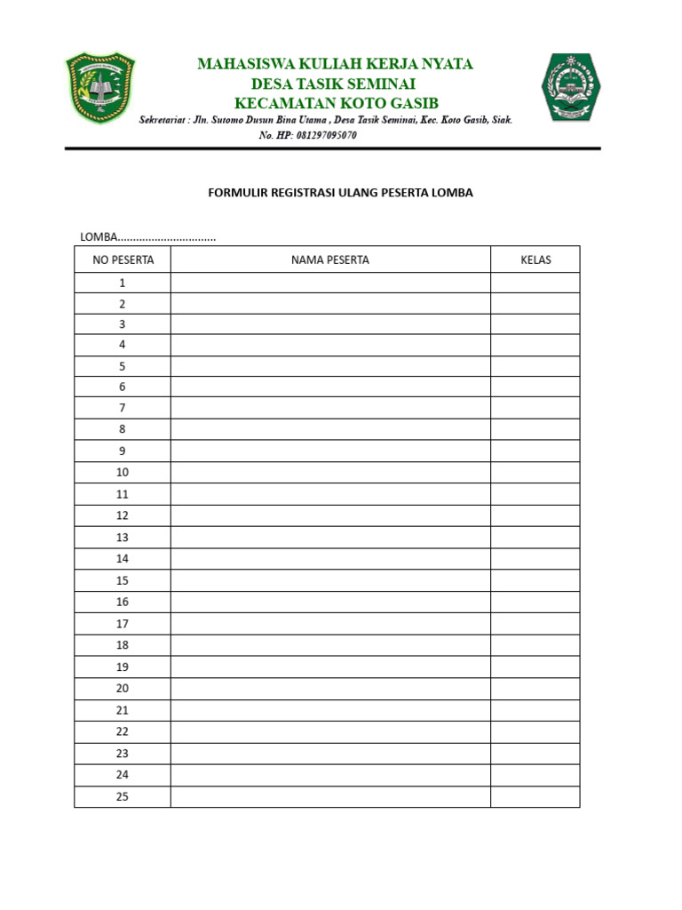 Formulir Registrasi Ulang Peserta Lomba Han | PDF