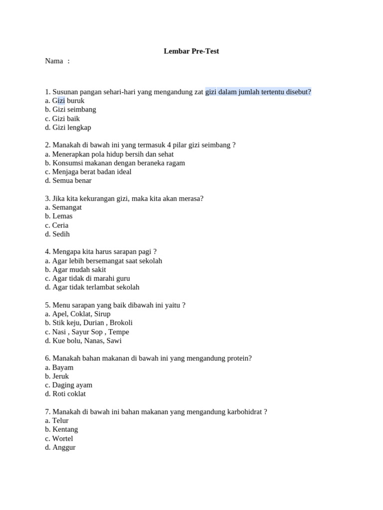 Lembar Pre Test | PDF